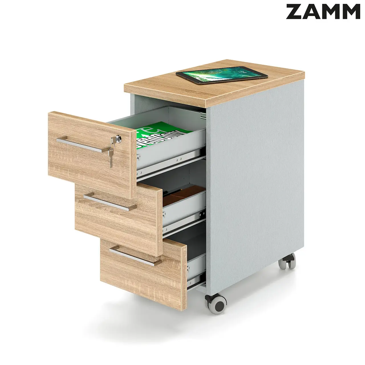 Тумба мобильная узкая ZAMM 3 ящика с центральным замком